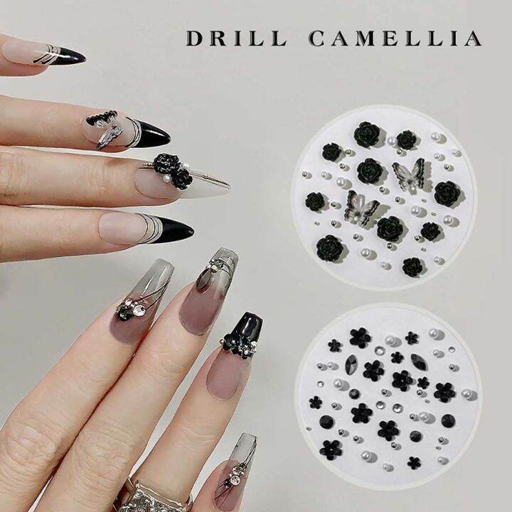 เครื่องประดับเล็บ3D แฟชั่น Y2K2เครื่องประดับเล็บมุกสีดำอุปกรณ์ทำเล็บเครื่องประดับเล็บผีเสื้อดอก ...