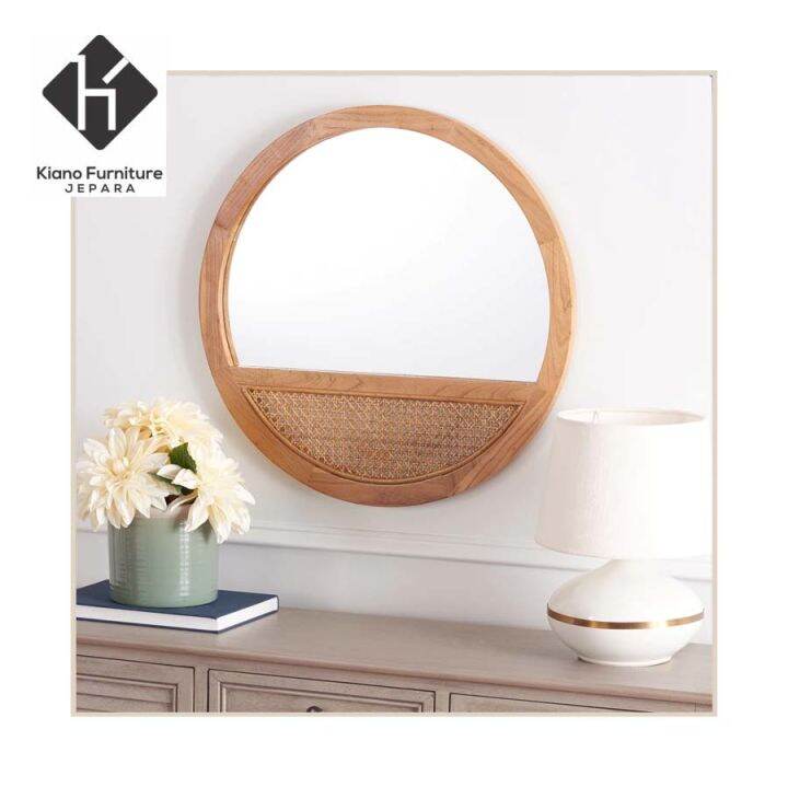 Cermin Dinding Bulat Diameter 60cm Frame Cermin Kayu Jati Rotan Modern ...