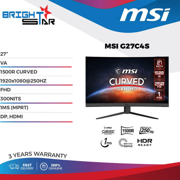 MSI 27" G27C4X VA 250HZ FHD 1500R CURVED GAMING MONITOR | Lazada