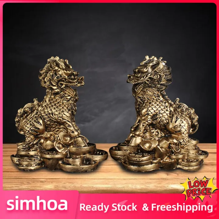 Simคืน1คู่จีนทองแดง Fengshui Kylin Chi-Lin Qilin God Beast รูปปั้น ...