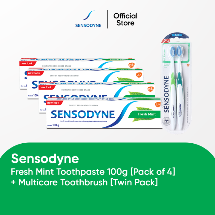 Sensodyne Fresh Mint Toothpaste 100g [Pack of 4] + Multicare Toothbrush ...