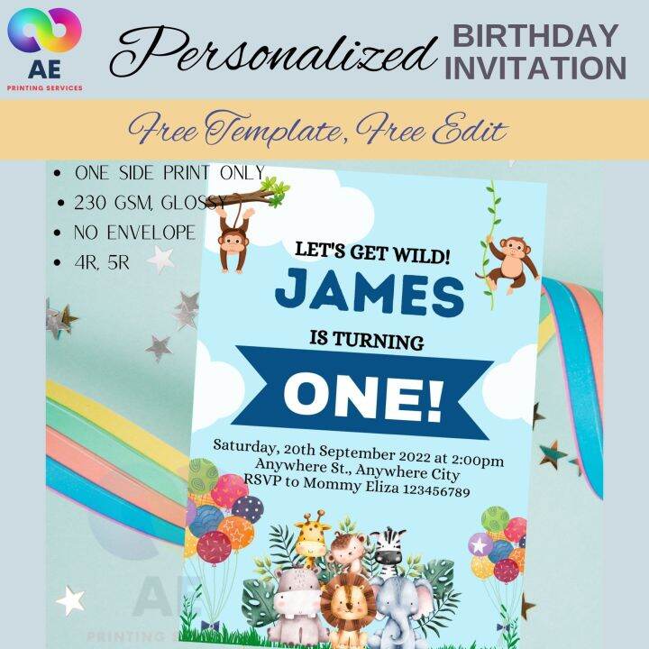 Green Brown Safari Animals Themed Children's Birthday Party Invitation ...