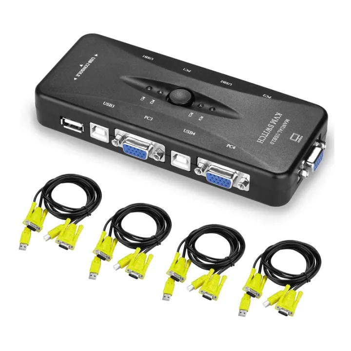 USB KVM VGA Switcher, 4 Ports USB 2.0 KVM Switch Box Adapter, One-Button Swapping, 4 VGA Cables ...