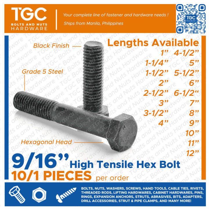 TGC 10/1PCS 9/16 inches x 1~10 inches HT Hex Bolt | Hexagonal Capscrew ...