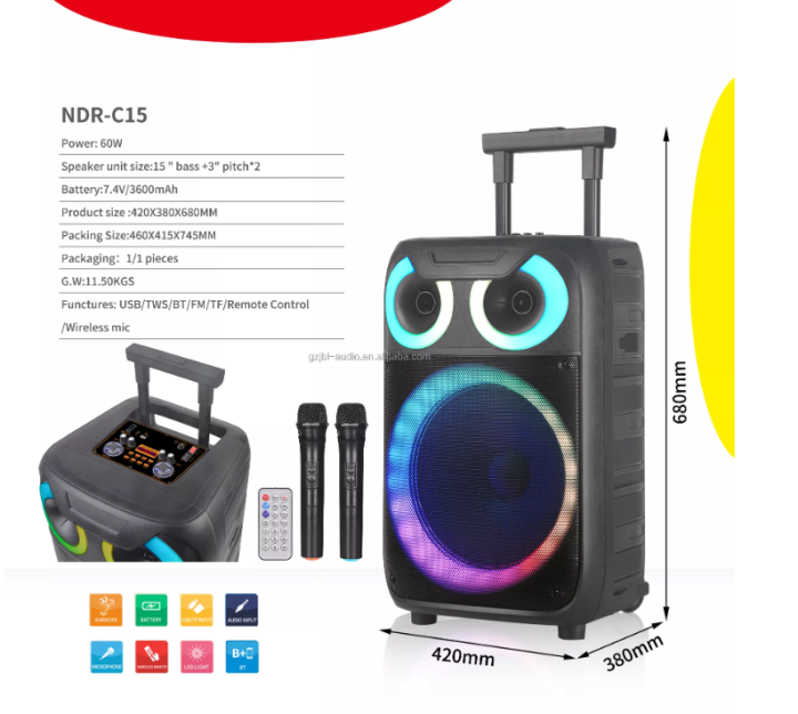 NDR C-15 15" 1800W Trolley Karaoke Bluetooth Party Speaker W/ Echo/Bass/Treble Adjustment ...