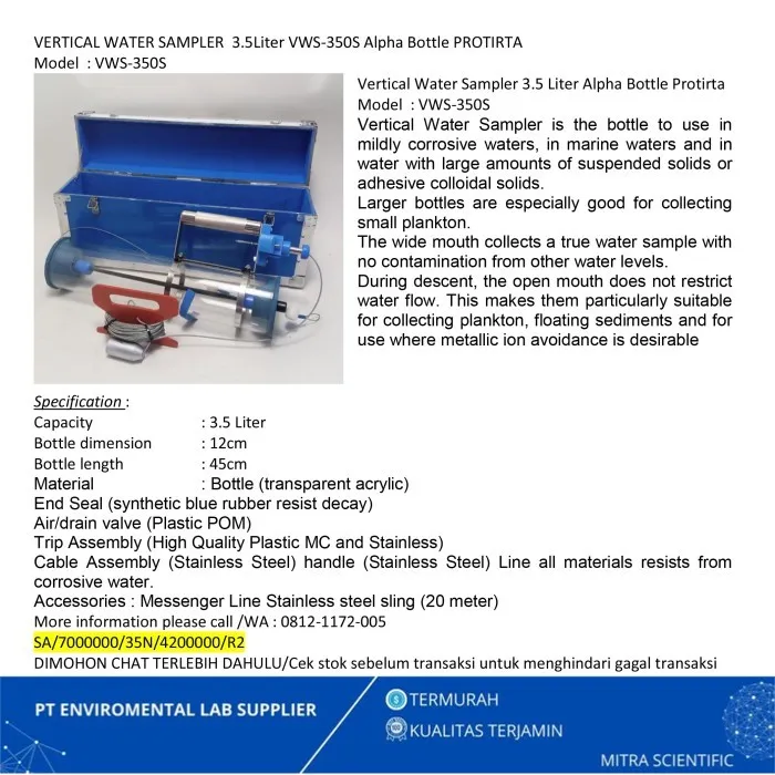 VERTICAL WATER SAMPLER 3.5Liter VWS-350S Alpha Bottle PROTIRTA | Lazada ...