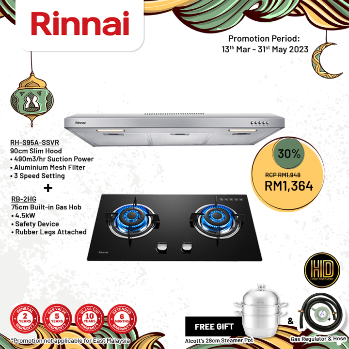 Rinnai RH-S95A-SSVR Chimney Hood With RB-2HG Built-in Gas Hob | Lazada