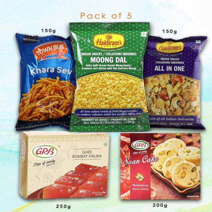 Pack of 5 snacks special ( GRB Soan Cake 200g, Town Bus Khara Sev 150g ...