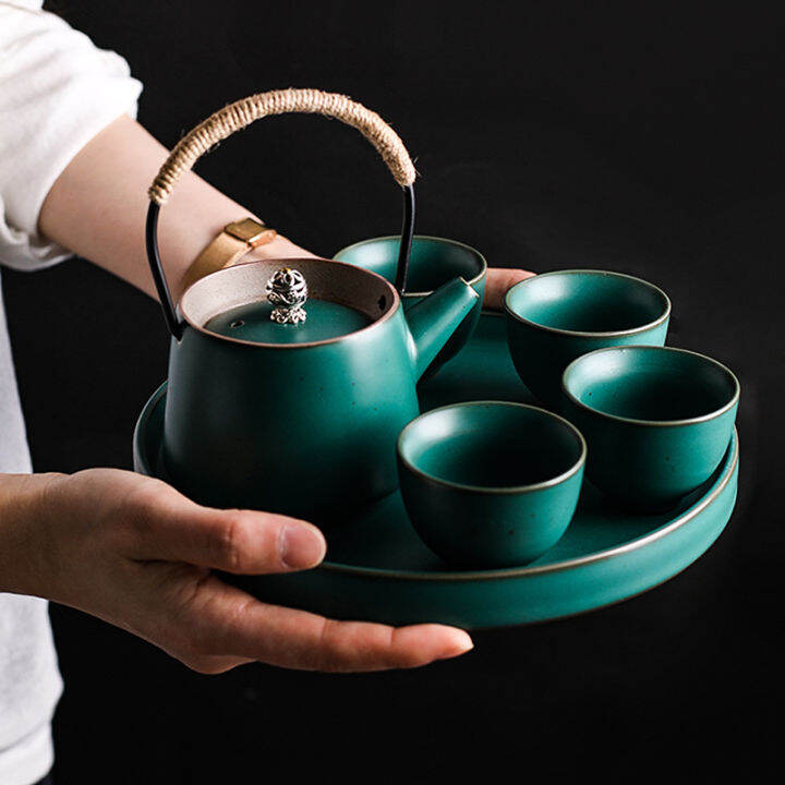 （Local SG）Agate Green Teapot Set Home Stone Mill Ceramic Teapot ...
