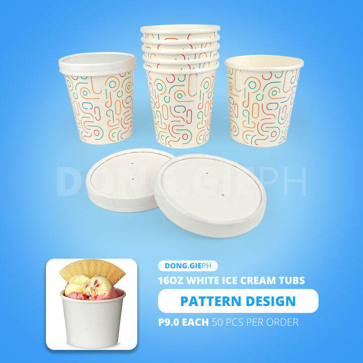 [50 PCS] 16oz White Ice Cream Paper Tubs / Ice Cream Tubs (Pattern ...
