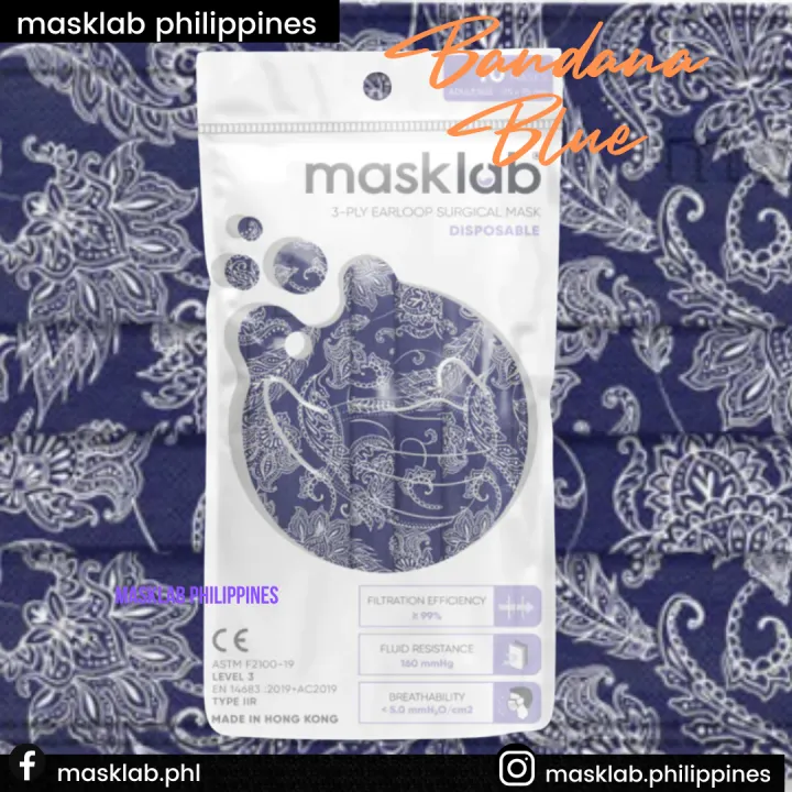 masklab : BANDANA BLUE : ADULT 3-PLY SURGlCAL MASK 2.0 ( POUCH OF 10PCS ) | Lazada PH