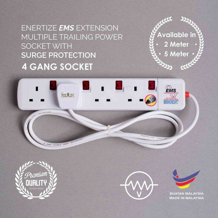 Enertize EMS 4 Gang Extension Multiple Power Socket Plug with Surge ...