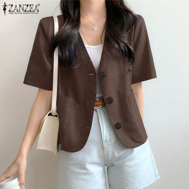 Zanzea Korean Style Women Summer Short Sleeve Blazer Casual Loose