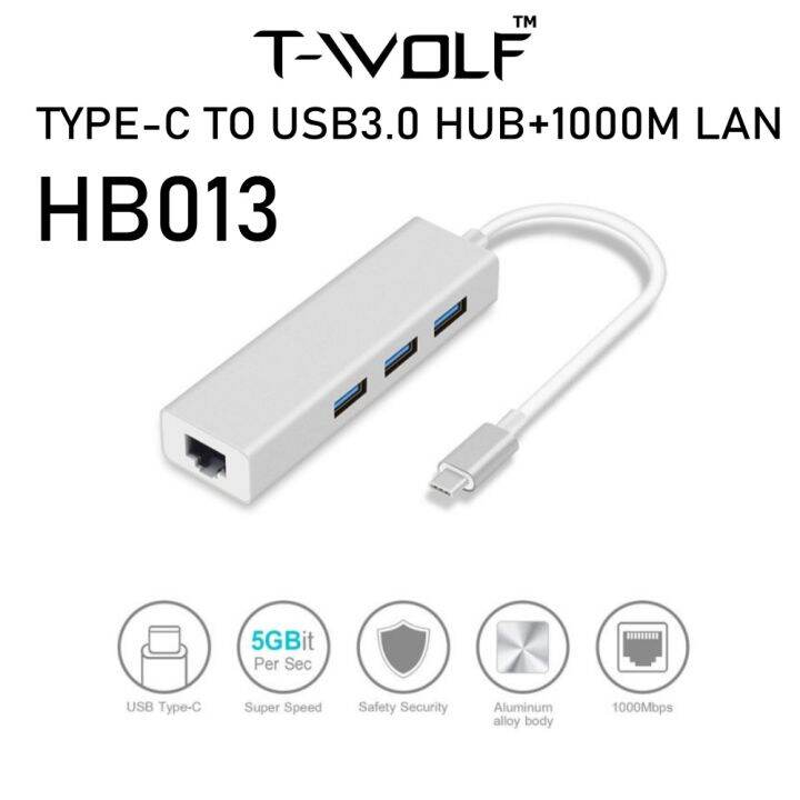 T-WOLF HB013 TYPE-C to USB3.0 HUB + LAN RJ45 3 Port USB 3.0 Hub Gigabit Ethernet Network Adapter ...