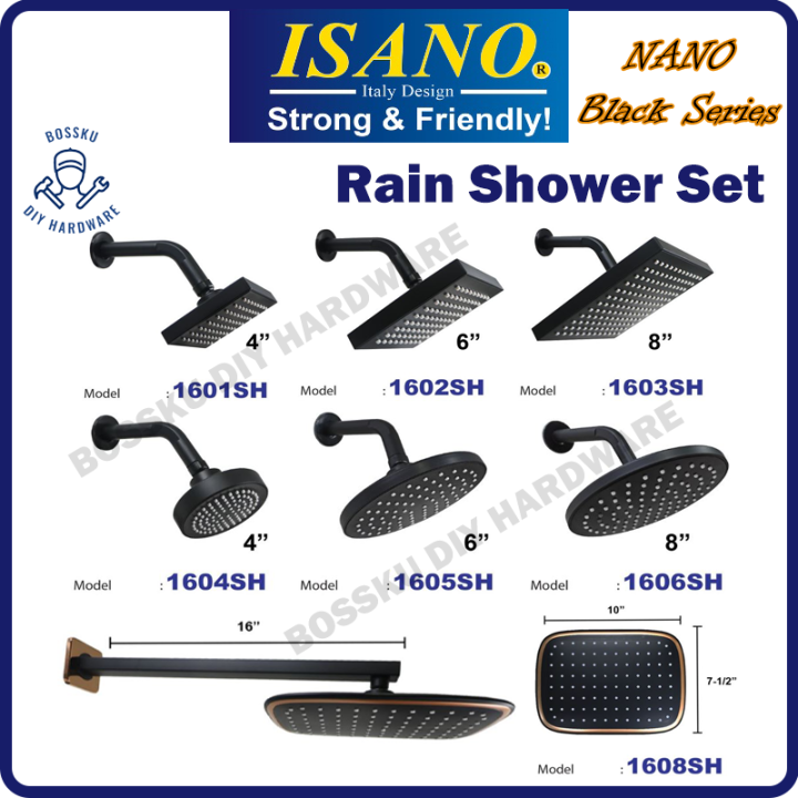 ISANO Nano Black Rain Shower Head Round Square Long 8 Type Rainfall 1/2 ...