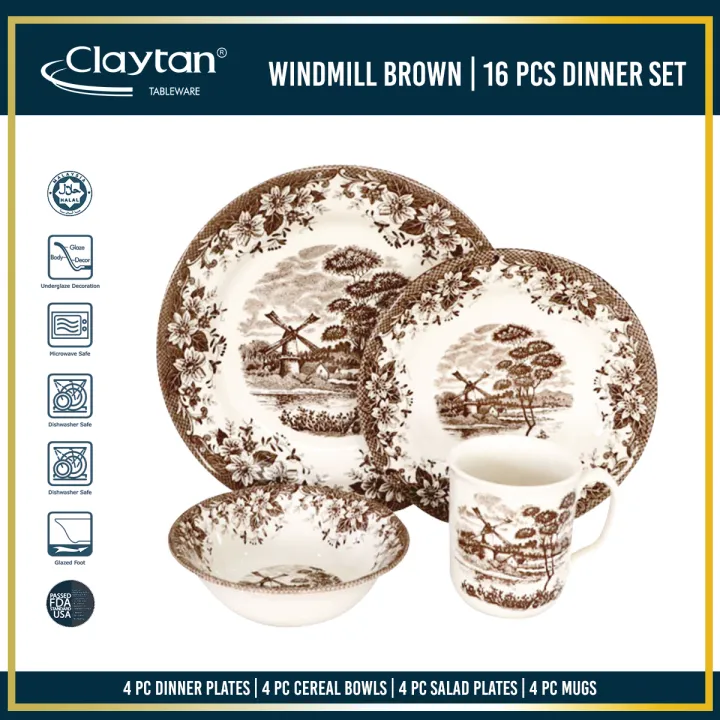 Claytan Windmill Brown 16 PCS Ceramic Dinner Set | Lead Safe and ...