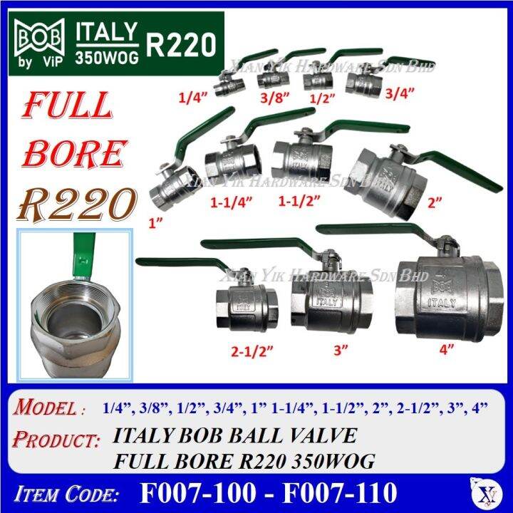 F007-1 ITALY BOB BALL VALVE FULL BORE R220 350WOG 1/4", 3/8", 1/2", 3/4 ...