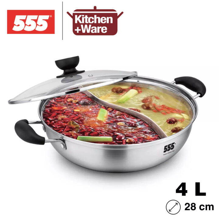 555 Stainless Steel Yuanyang 2-Sided Steamboat 28cm with Glass Lid | Hot Pot Yuan Yang Pots ...