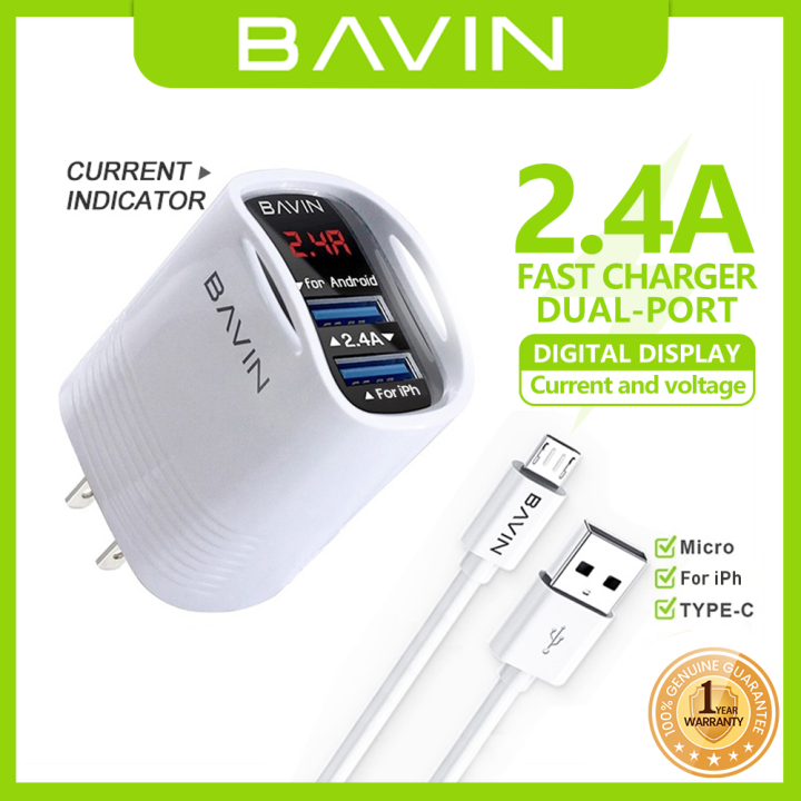 BAVIN PC317 Intelligent Wall Fast Charger w/ Digital LED Current Indicator Dual USB Slot Port ...