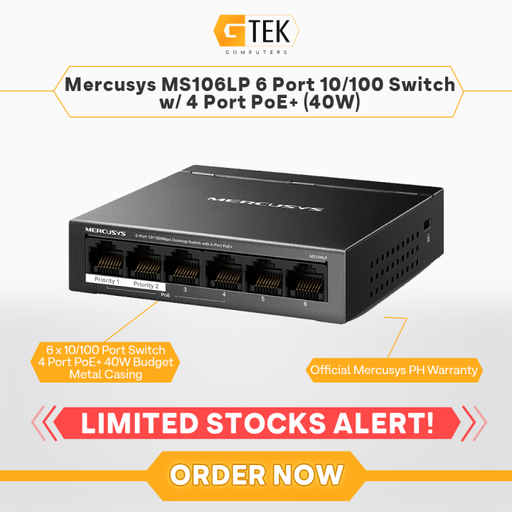 Mercusys MS106LP 6-Port 10/100Mbps Desktop Switch with 4-Port PoE+ 40W ...