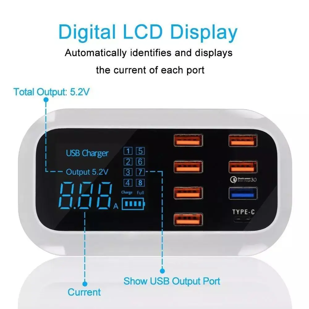 New 8-port ช่องพร้อมช่องType-C USB LCD Display mobile phone fast charge ...