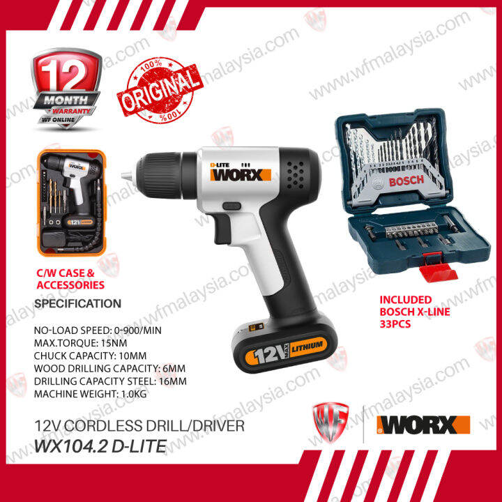 Worx WX104.2 D-Lite 10mm 12V 1.5Ah Max Lithium-Ion Cordless Drill / Driver (Drilling for steel ...