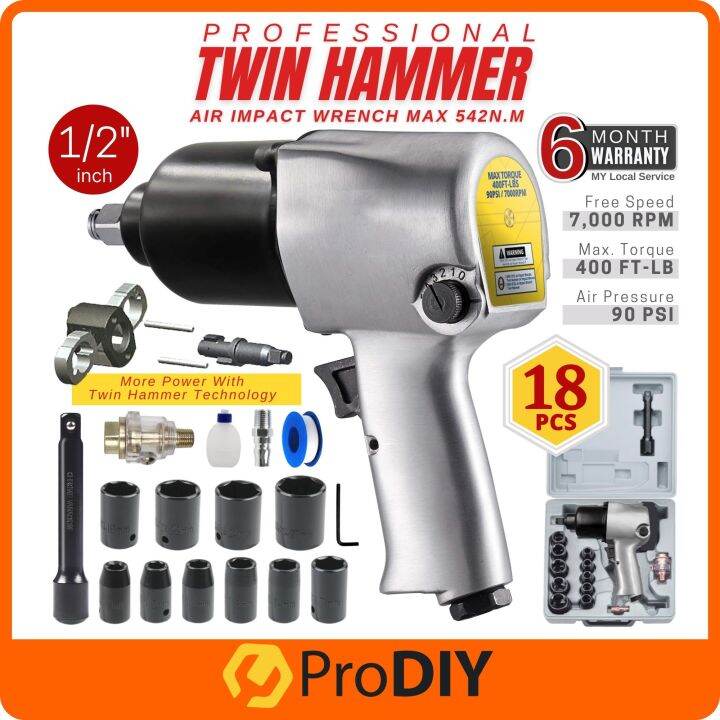 1/2 Inch Professional Air Impact Wrench 1/2" Twin Hammer Heavy Duty Pneumatic 400 Ft. Lb. ( Solo ...