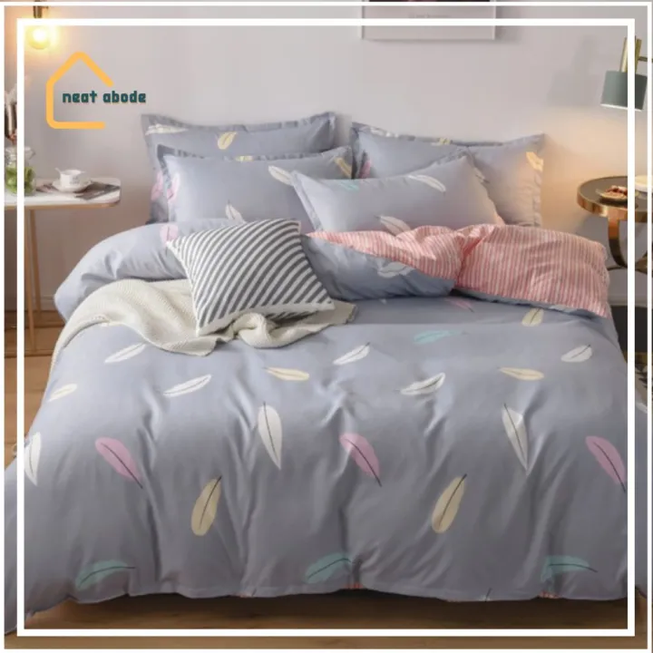 Neat Abode 4 in 1 Gray Feather Bedsheet Set in Single / Double / Queen / King sizes | Lazada PH