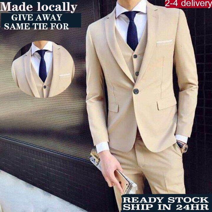 ADO local delivery Cotton 3 Piece Set Apricot Men Business Suit Formal ...