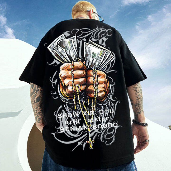 M-8XL เสื้อยืดแฟชั่นโอเวอร์ไซส์ชาย 2022 ฤดูร้อนใหม่แฟชั่นหลวมสีดำพิมพ์เสื้อยืดคอกลมแขนสั้น เสื้อ ...