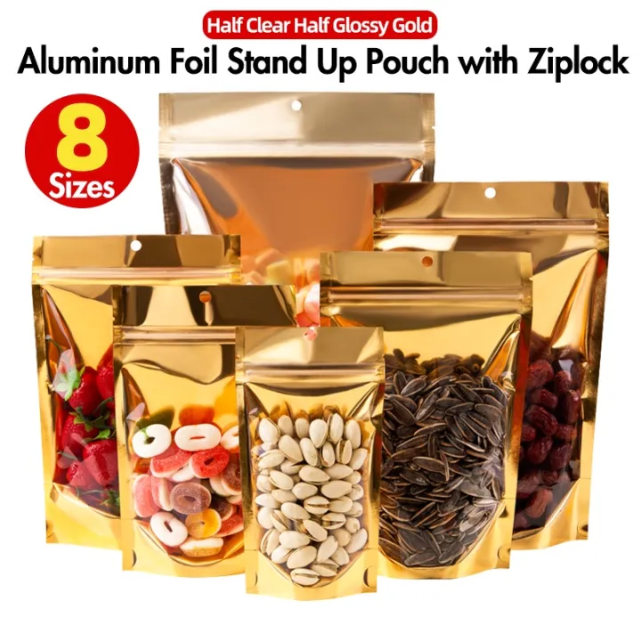 Ships immediately 100pcs Half Gold Aluminum Half Clear Stand Up Pouch with Zip Lock Packaging ...