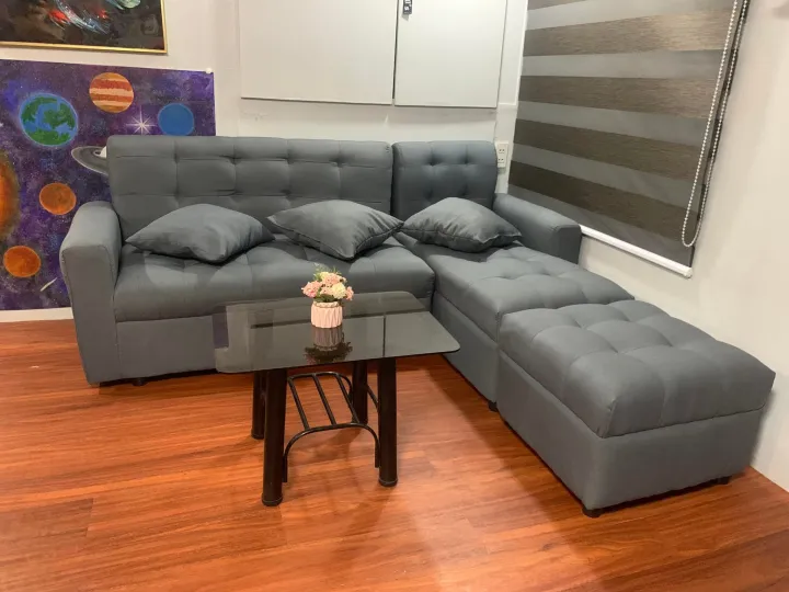 L shape grey dimple fabric sofa with glass table uratex foam | Lazada PH