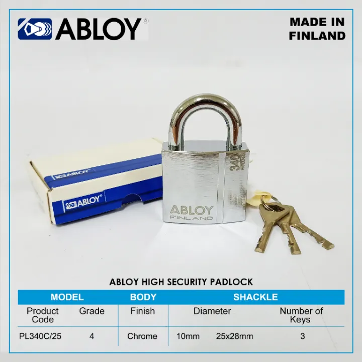 Abloy Padlock PL 340C/25 Original Made In Finland 57mm Chrome Plated Hardened Steel Body Short ...