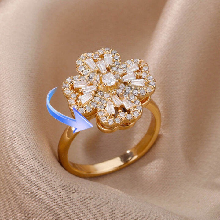 huowa Decompression ring copper micro-inlaid rotating four-leaf clover ...