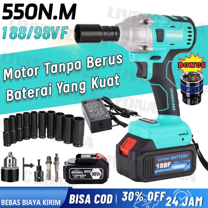 MONQIQI 188VF mesin bor impact baterai 550N.M Bor Baterai 13mm Impact Wrench Brushless Impek ...