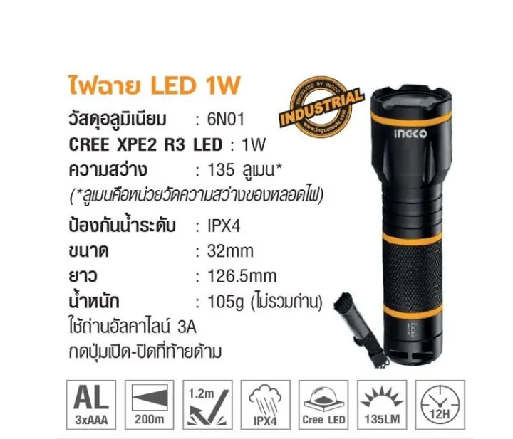 INGCO ไฟฉาย ไฟฉายแรงสูง Flashlight LED 1W No.HFL013AAA1 | Lazada.co.th