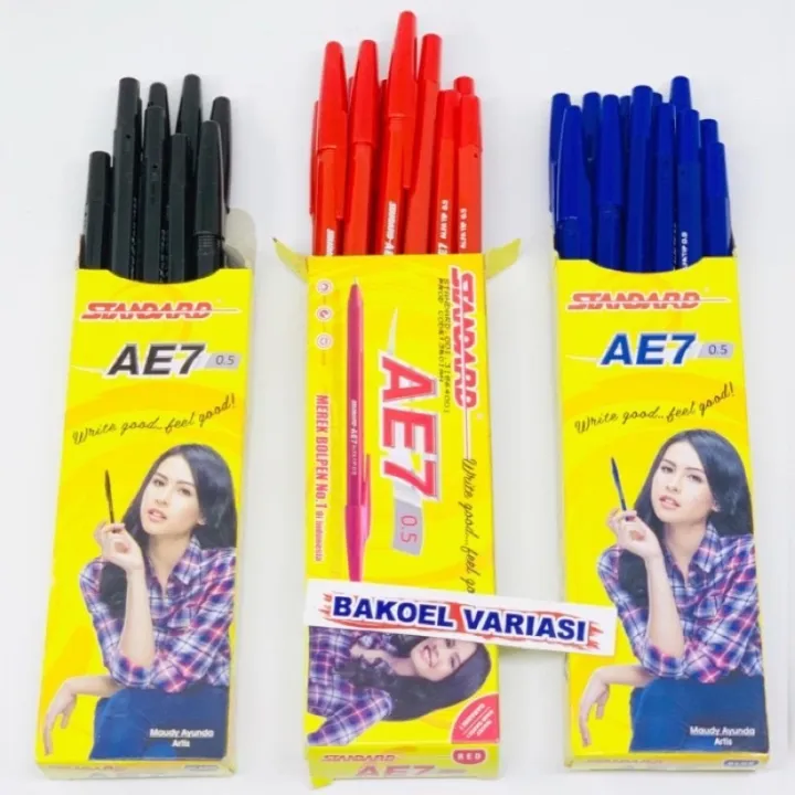 1 pack Pulpen Standart AE7 Bolpoint Bulpen Hitam, Merah, Biru ORI ...