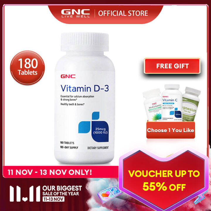 GNC Vitamin D-3 1000IU 180 Tablets - Complete Teeth & Bones Support ...