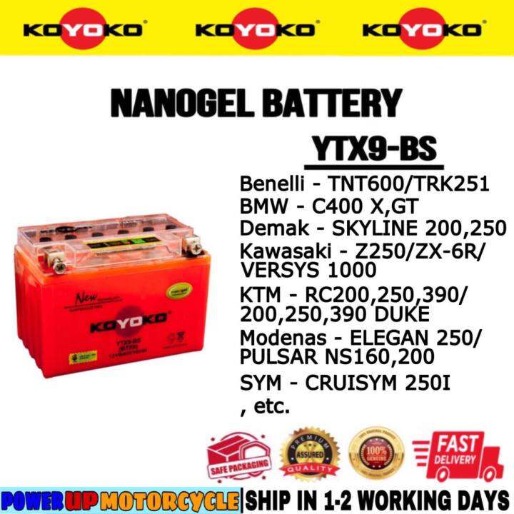 YTX9-BS YTX9 BTX9 KOYOKO NANOGEL BATTERY Z250 TNT600 DUKE RC VTS200 ...