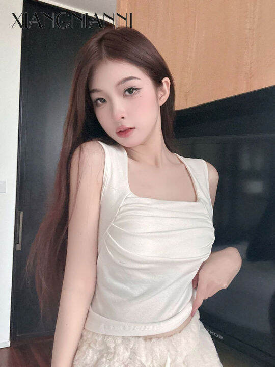 XIANG NIAN NI เสื้อแขนกุดสี่เหลี่ยมอัดพลีทสไตล์อเมริกันเสื้อนอกเสื้อ ...