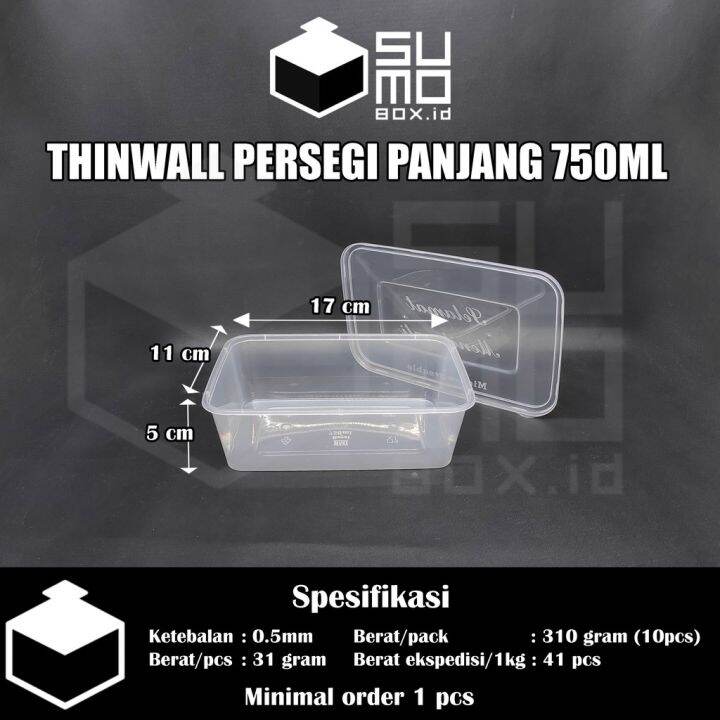10 PCS Thinwall PERSEGI PANJANG 750ml + Tutup FREE PACKING / Kotak ...