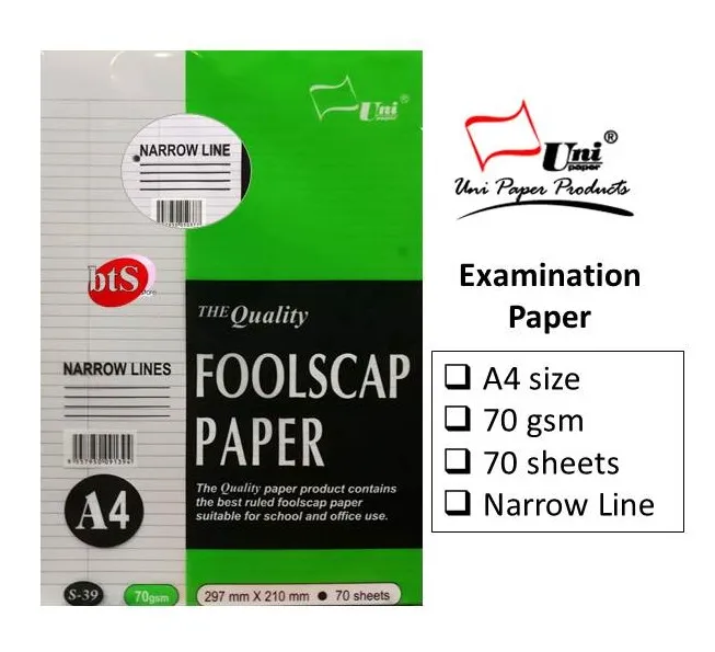Uni A4 Foolscap Paper (Narrow Line) S-39 - Examination Paper 70 gsm ...