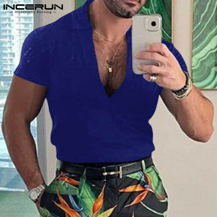 INCERUN Mens Shorts Sleeve Collared V Neck Shirts Casual Fit Formal ...