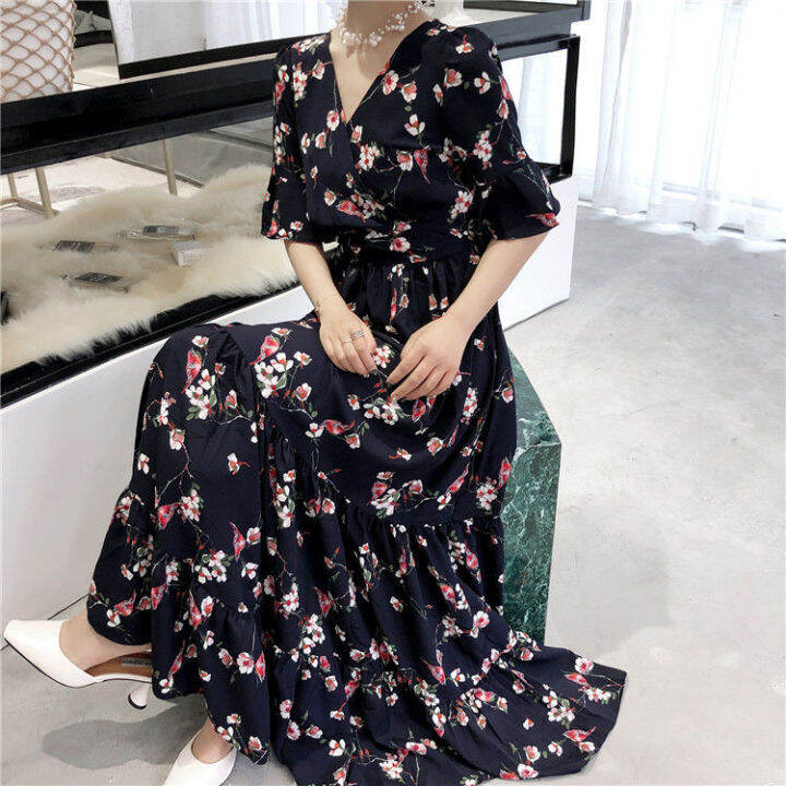 Missliu Fashion Skirt For Women Dress With Big Skirt And Mid Sleeve New Summer Floral Chiffon