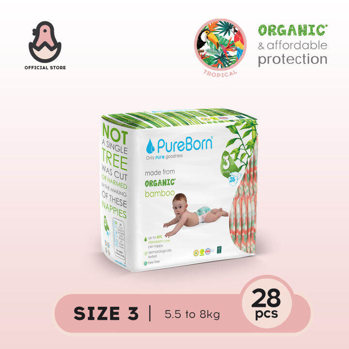 PureBorn Bamboo Diapers (Tape) - Size 3 Medium (5.5 - 8 kg)/ Tropical 28pcs | Lazada PH