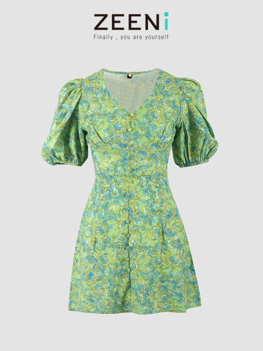 ZEENI ชุดเดรสปิดเอวลายดอกไม้คอวีของผู้หญิงสไตล์เกาหลี | Lazada.co.th