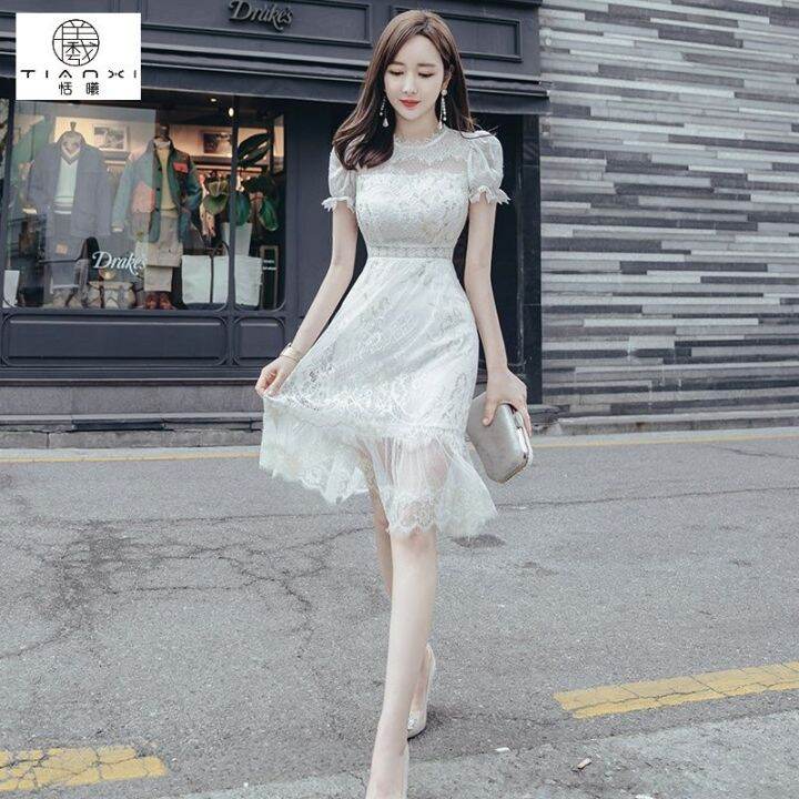 HOT★ชุดเดรสกระโปรงเซ็กซี่ แขนพัฟ เอวสูง ปักลายลูกไม้ สีขาว สําหรับสตรี ...