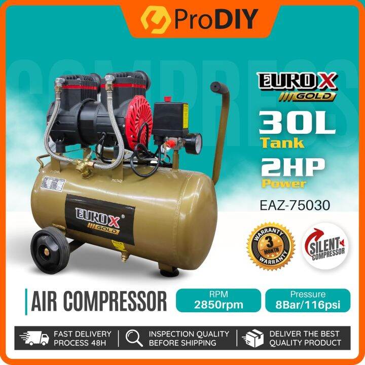 EUROX EAZ-75030 230VAC 30 Litre Silent Oil-Free Air Compressor Kompresor Senyap 2850RPM Pressure ...