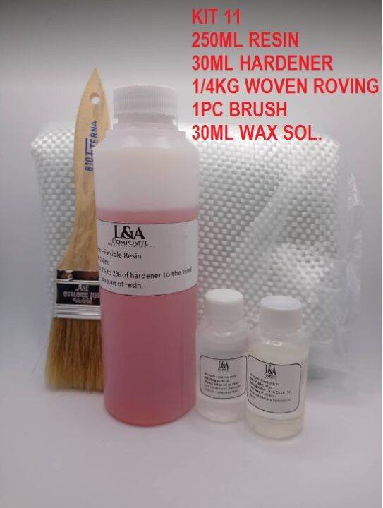 FIBERGLASS PREMIX RESIN (A11) - 250ML RESIN, 30ML HARDENER, 1/4KF WRC, 1PC BRUSH W/ 30ML WAX ...