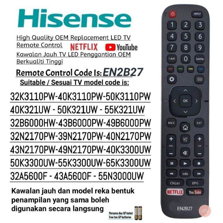 Hisense EN2B27 Smart Led Flat Panel TV Remote Control with Youtube ...